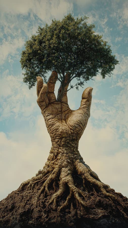 Fantasy Hand-shaped Tree Sculpture Holding a Lush Tree Stock Image ...