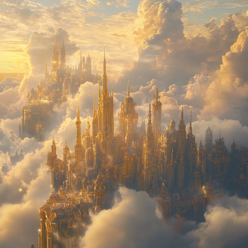 Fantasy Heaven Golden on Clouds. 3D Illustration Stock Illustration ...