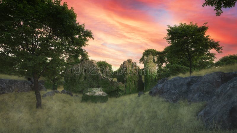 Fantasy Highland Forest Clearing with Medieval Castle Ruins Under ...