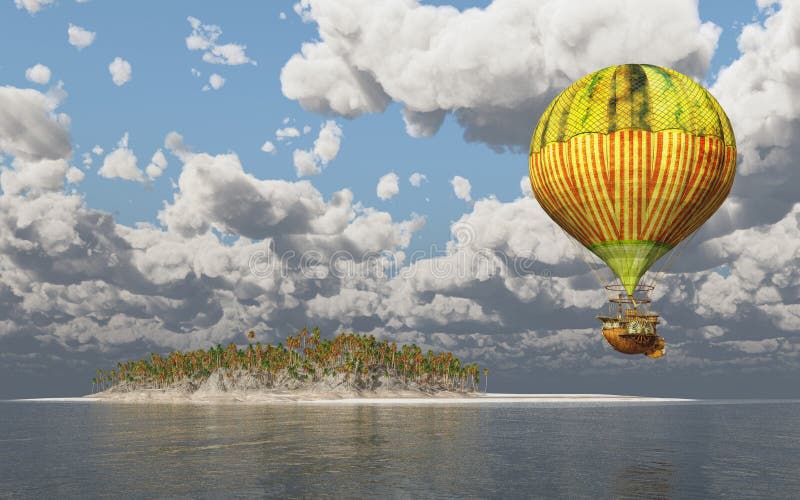 Fantasy Hot Air Balloon Over the Sea with an Island Stock Illustration ...