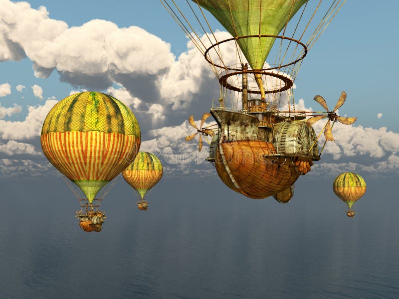 Fantasy Hot Air Balloons Over the Sea Stock Illustration - Illustration ...
