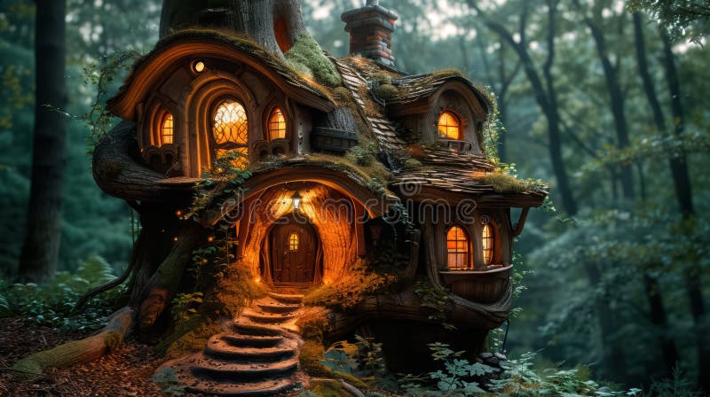Fantasy House in Forest, Fairytale Home in Tree Trunk at Night Stock ...