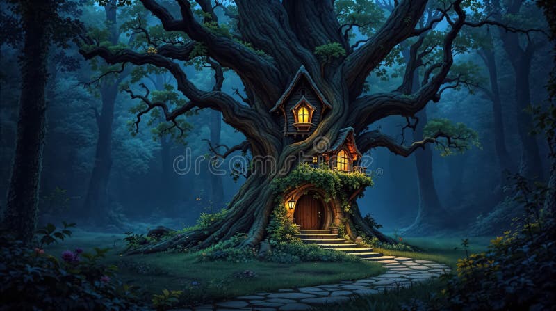 Fantasy House in Forest, Fairytale Home in Tree Trunk at Night Stock ...