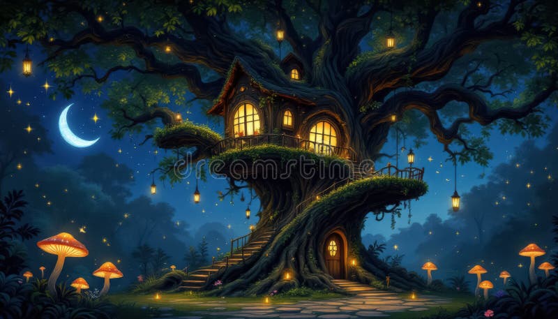 Fantasy House in Forest, Fairytale Home in Tree Trunk at Night Stock ...