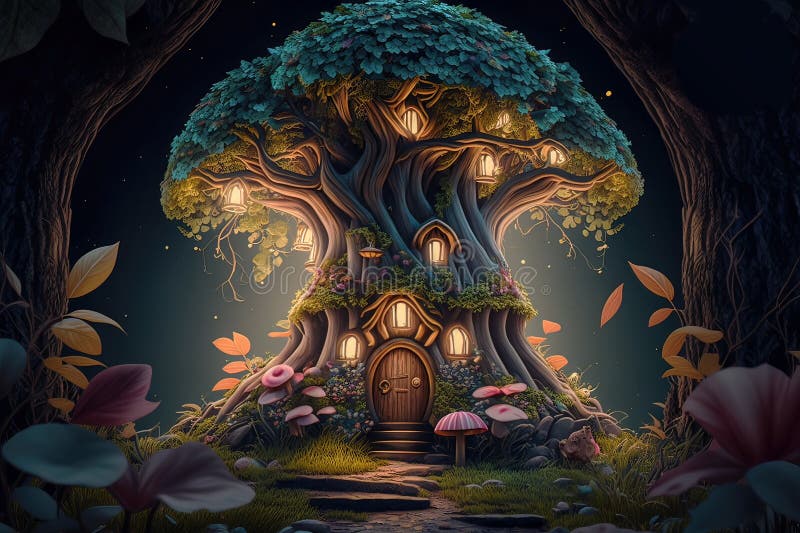 Fantasy House In Forest Fairytale Home In Tree Trunk At Night