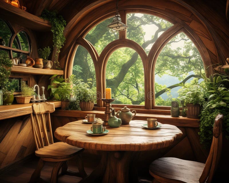 The Fantasy House Interior Has a Table in the Kitchen and a Table in ...