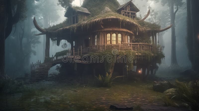 Fantasy House In Misty Forest Fairy Tale Hut In Tree Trunk Stock