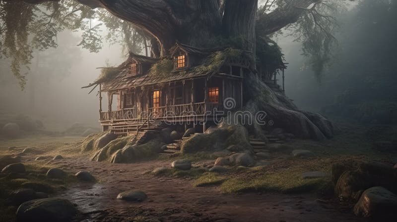 Fantasy House In Misty Forest Fairy Tale Hut In Tree Trunk Stock