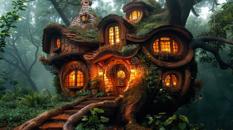 Fantasy House in Misty Forest, Fairy Tale Hut in Tree Trunk Stock ...