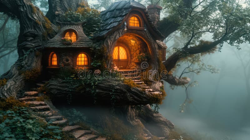 Fantasy House in Misty Forest, Fairy Tale Hut in Tree Trunk Stock ...