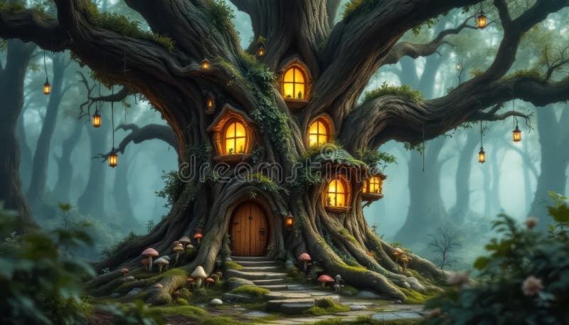 Fantasy House in Misty Forest, Fairy Tale Hut in Tree Trunk Stock ...