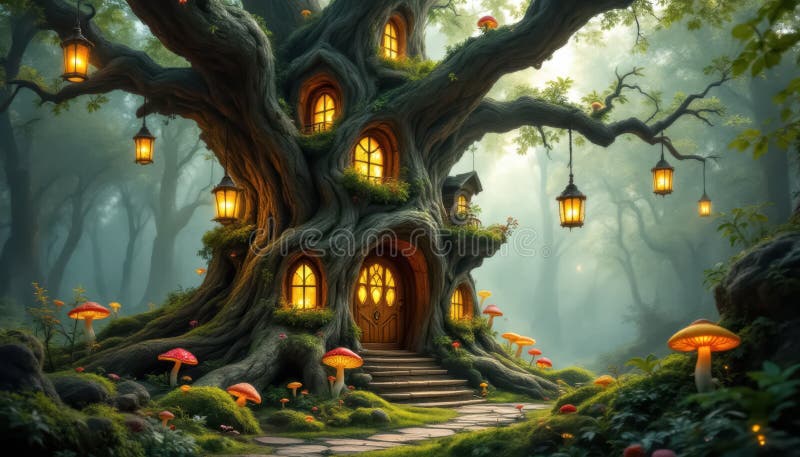 Fantasy House in Misty Forest, Fairy Tale Hut in Tree Trunk Stock ...
