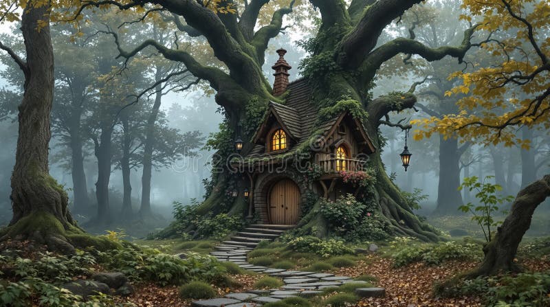 Fantasy House in Misty Forest, Fairy Tale Hut in Tree Trunk Stock ...