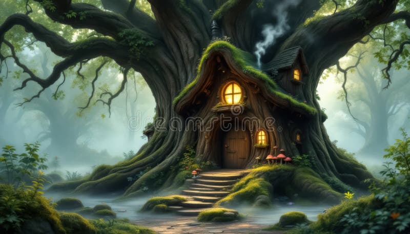 Fantasy House in Misty Forest, Fairy Tale Hut in Tree Trunk Stock ...