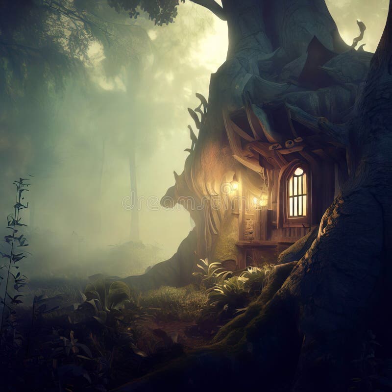 Fantasy House In Misty Forest Fairy Tale Hut In Tree Trunk Surreal