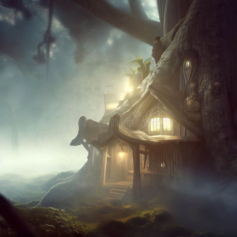 Fantasy House In Misty Forest Fairy Tale Hut In Tree Trunk Surreal