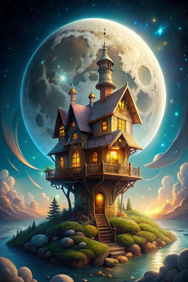 Fantasy House on the Moon Illustration Stock Illustration ...
