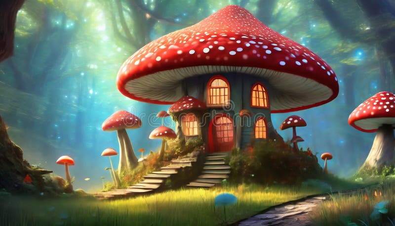 Fantasy House in the Shape of a Red Toadstool Stock Illustration ...