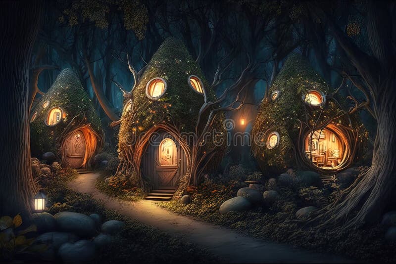 Fantasy Houses In Magic Forest At Night Fairy Tale Habitation In Trees