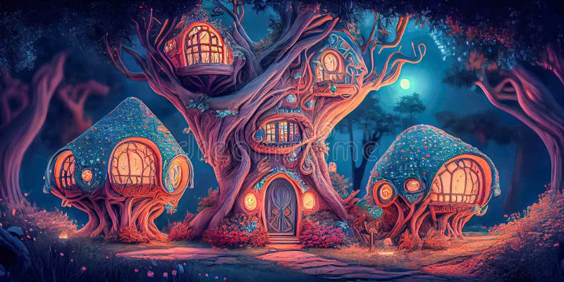 Fantasy Houses in the Magical Forest at Night Stock Illustration ...
