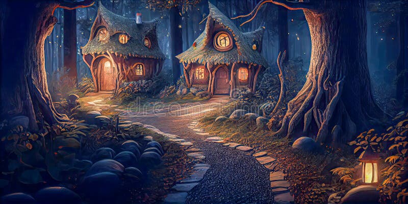 Fantasy Houses in the Magical Forest at Night Stock Illustration ...