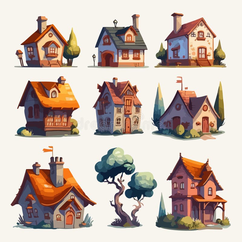 Fantasy Houses, Vector Set of Illustrations in Cartoon Style Stock ...