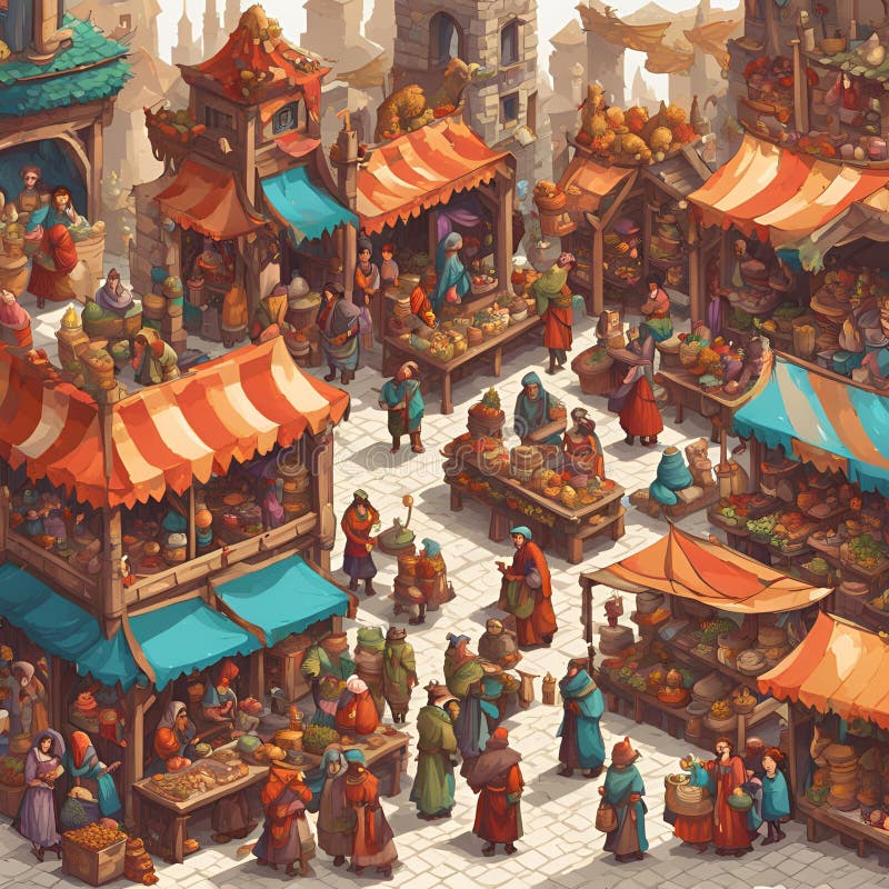 Medieval Market in Fantasy Land Stock Illustration - Illustration of ...