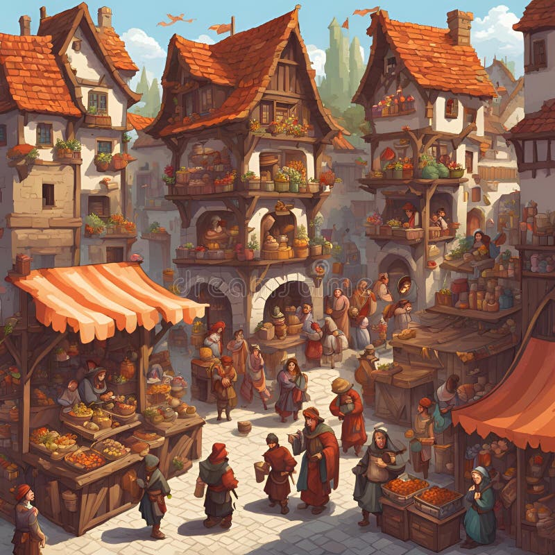 Medieval Market in Fantasy Land Stock Illustration - Illustration of ...