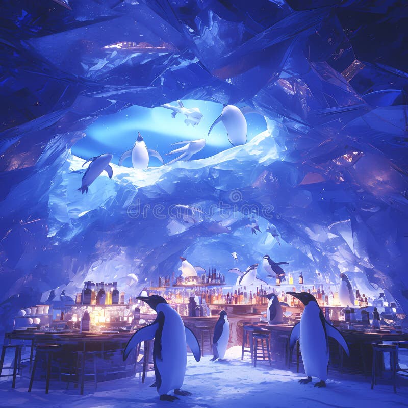 Fantasy Ice Gallery with Penguins Stock Illustration - Illustration of ...