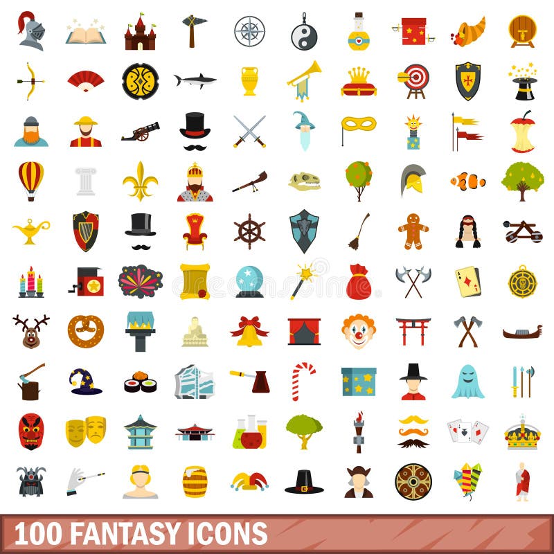 100 Fantasy Icons Set, Flat Style Stock Vector - Illustration of ...