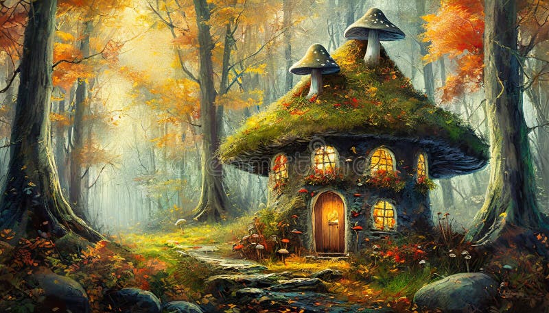 Fantasy Illustrated Forest with Toadstool House Stock Illustration ...