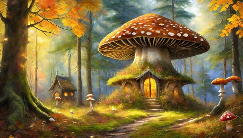 Fantasy Illustrated Forest with Toadstool House Stock Illustration ...