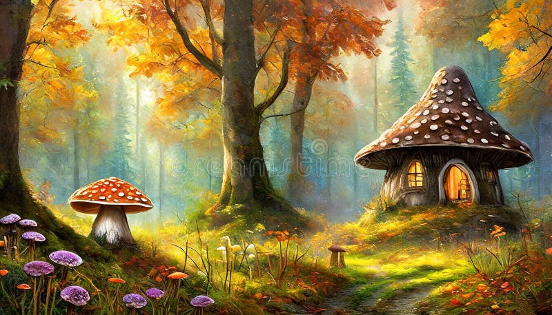 Fantasy Illustrated Forest with Toadstool House Stock Illustration ...