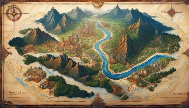 Fantasy Illustrated Map Featuring Rivers, Mountains, Cities and Forests ...
