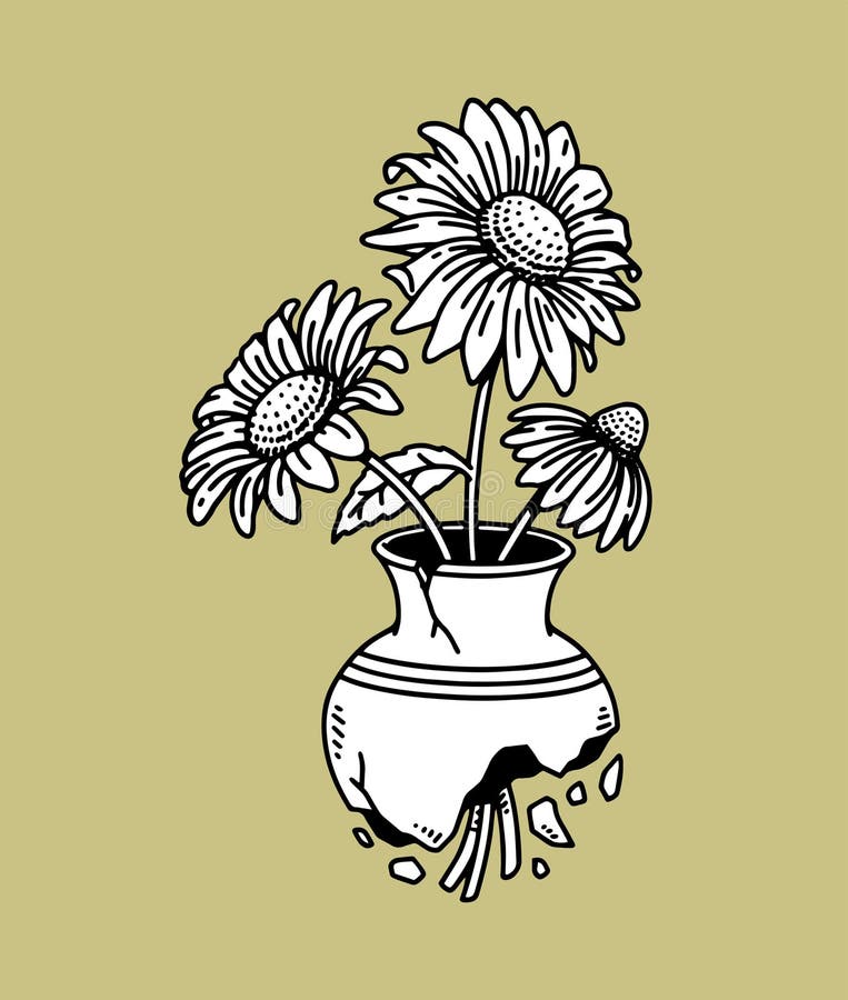 Fantasy Illustration of Broken Flower Pot, Drawing, Ink, Line Art Stock ...