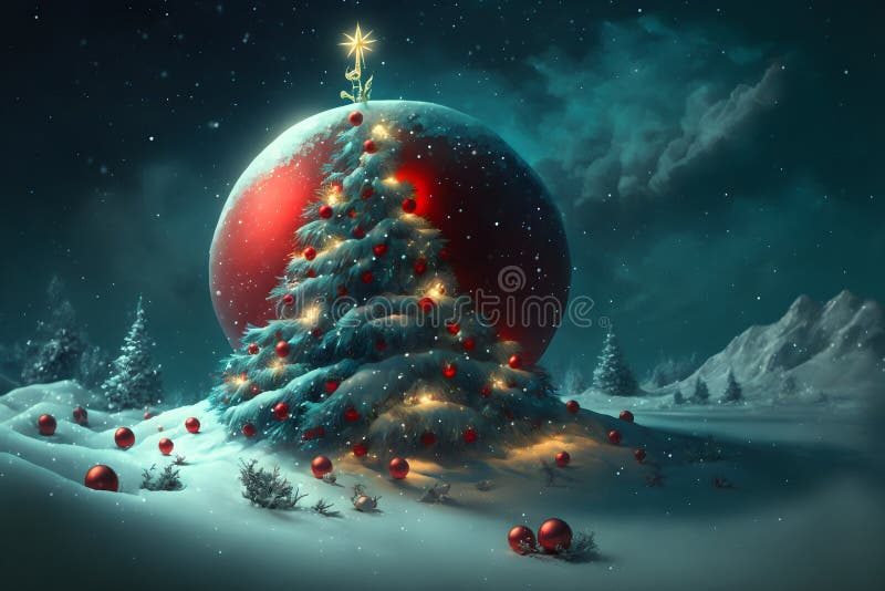 Fantasy Illustration of Christmas Decoraion in the Forest with Red ...