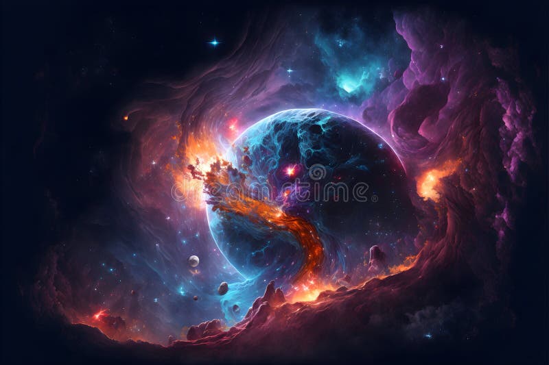 Fantasy Illustration of Colorful Neon Lights Planet Stock Illustration ...