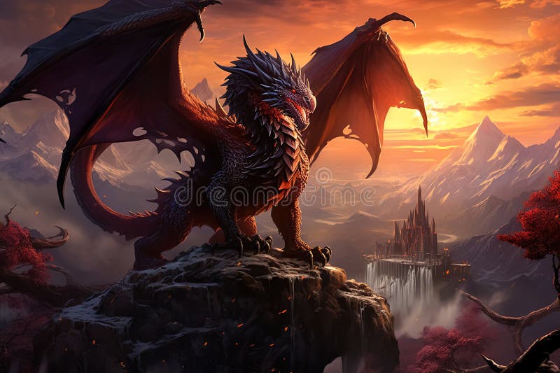 Fantasy Illustration with a Dragon in the Mountains at Sunset or ...