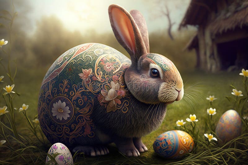 A Fantasy Illustration of Easter. Bunny with Flowers Patterns and ...