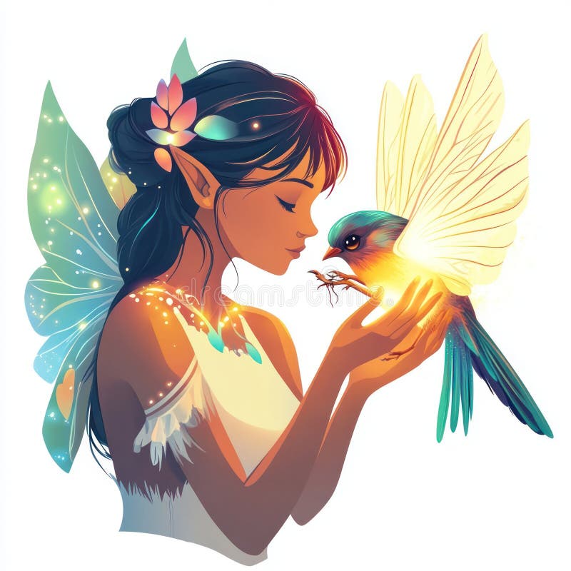 Fantasy Illustration of Elf Girl and Bird Stock Illustration ...