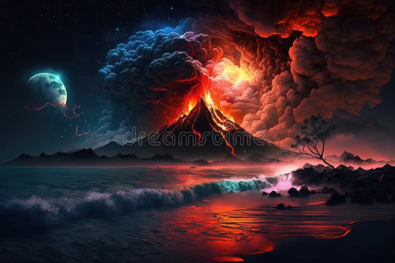 Fantasy Illustration of a Explosion on the Mountain Stock Illustration ...