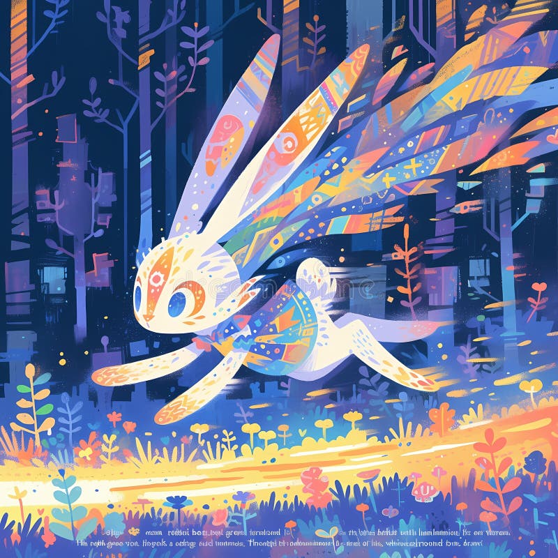 Fantasy Illustration of a Flying Rabbit in Colorful Forest Stock ...