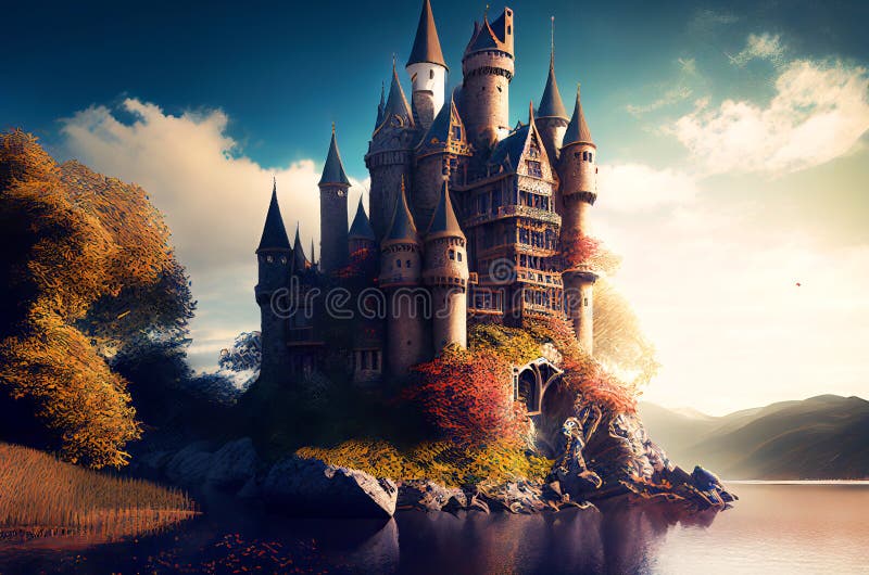 Fantasy Landscape with Castle among Nature and Sky Stock Illustration ...
