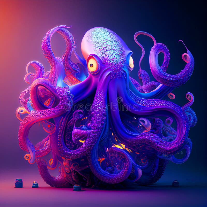 Fantasy Octopus Generative AI Illustration with Neon Lights Stock ...