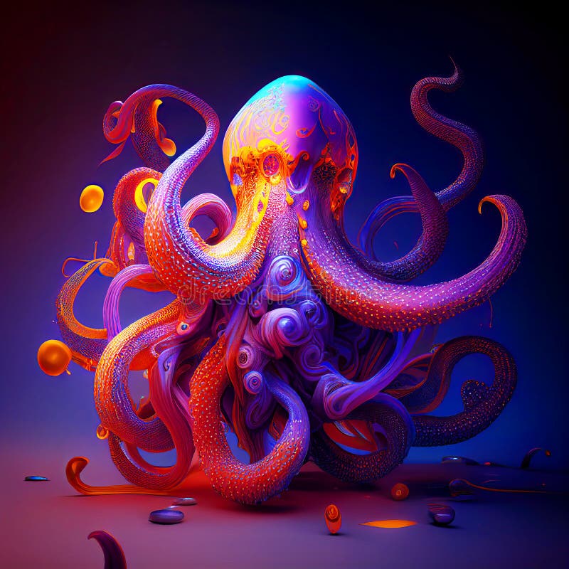 Fantasy Octopus Generative AI Illustration with Neon Lights Stock ...