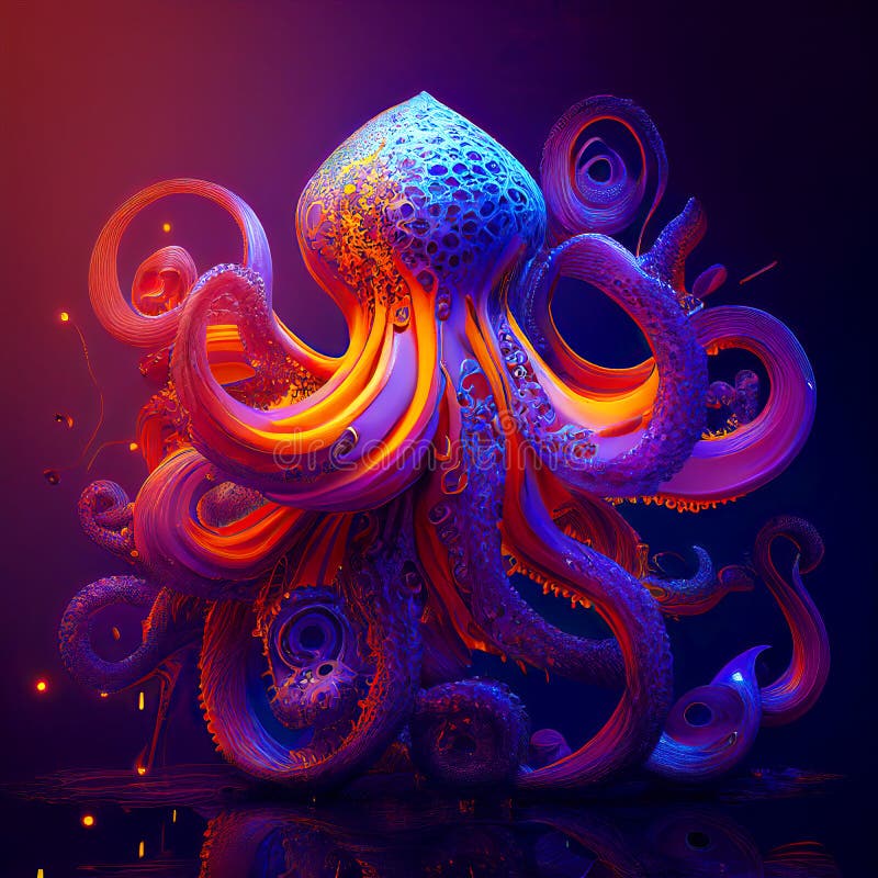 Fantasy Octopus Generative AI Illustration with Neon Lights Stock ...