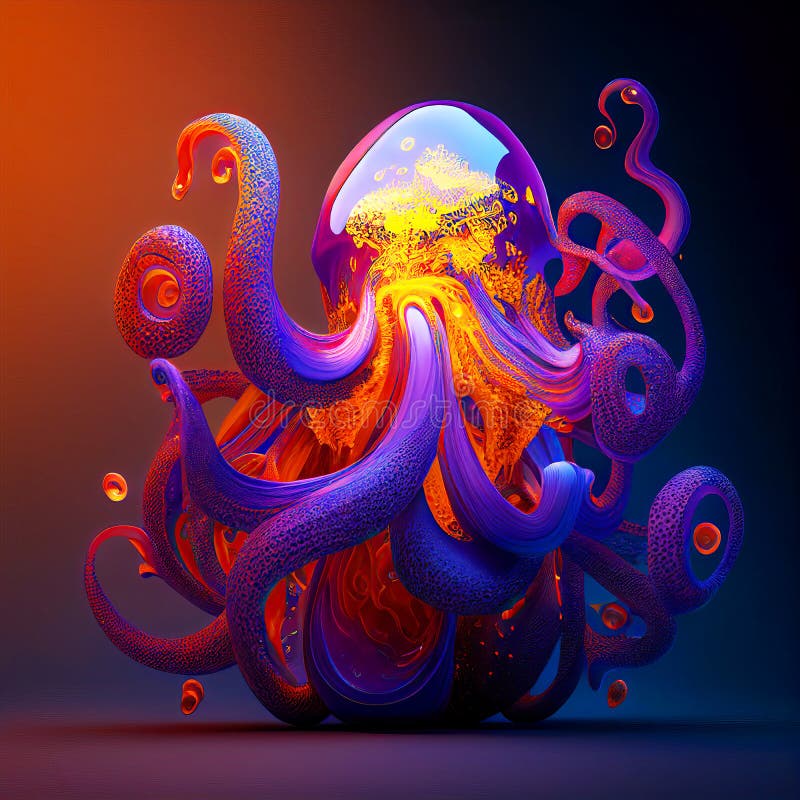 Fantasy Octopus Generative AI Illustration with Neon Lights Stock ...