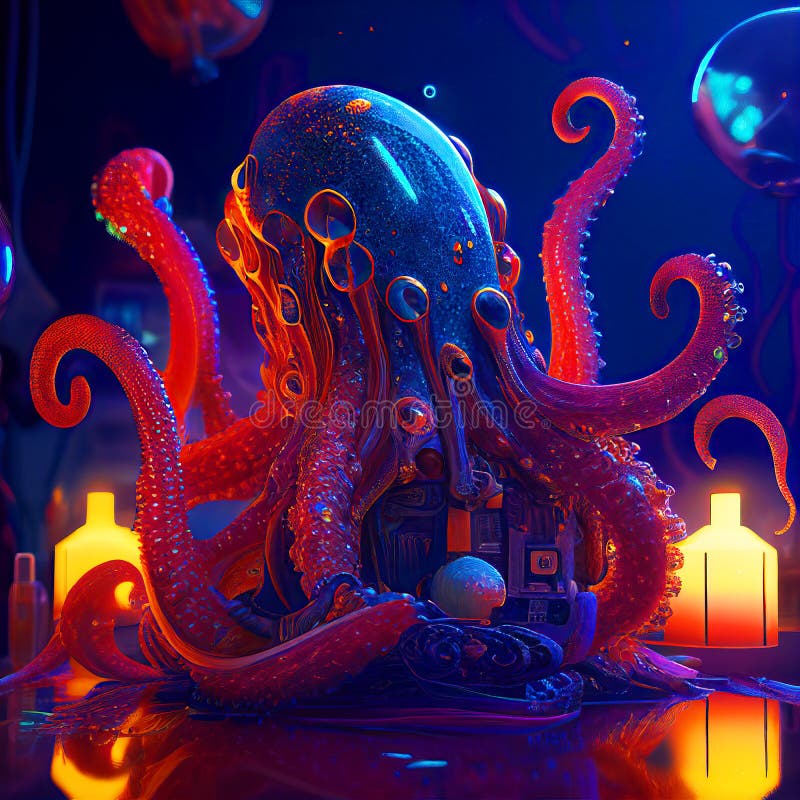 Fantasy Octopus Generative AI Illustration with Neon Lights Stock ...