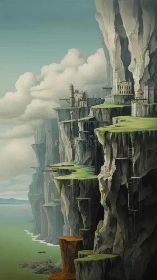 Fantasy Illustration: Graceful Cliffs with Buildings in Pseudo ...