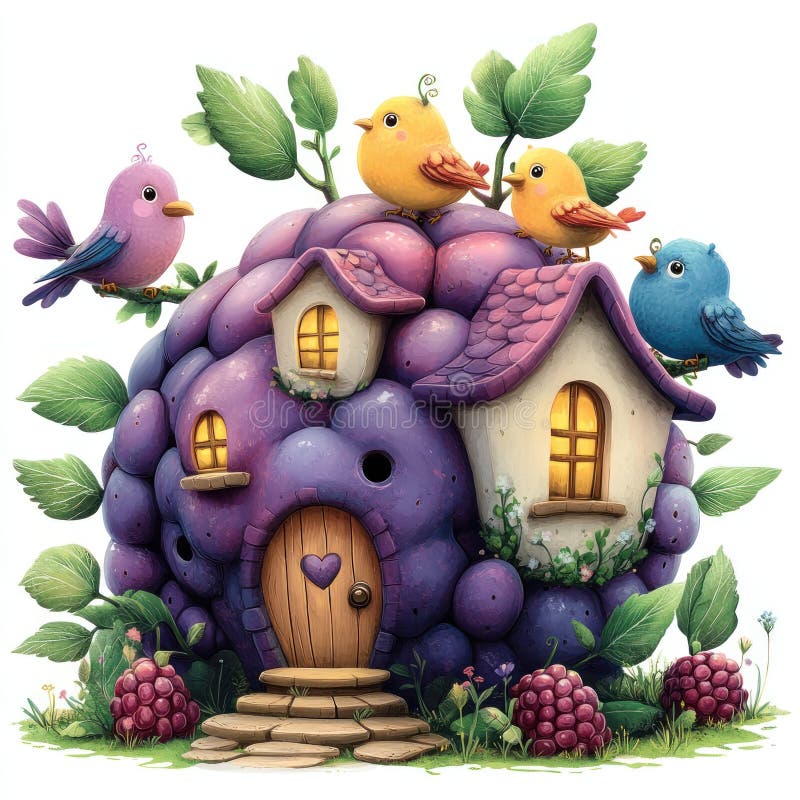 Fantasy Illustration of a Grape House with Birds Stock Illustration ...